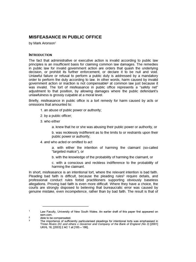 Misfeasance in Public Office Explained | PDF | Tort | Damages