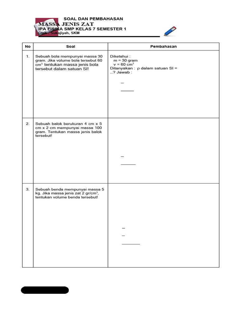 Soal Massa Jenis Kelas 7 dan Pembahasan | PDF
