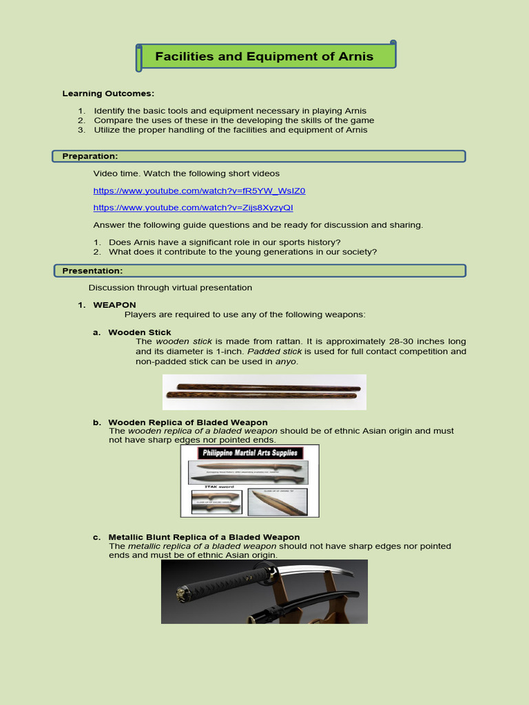 Facilities and Equipment of Arnis | PDF | Knife | Equipment