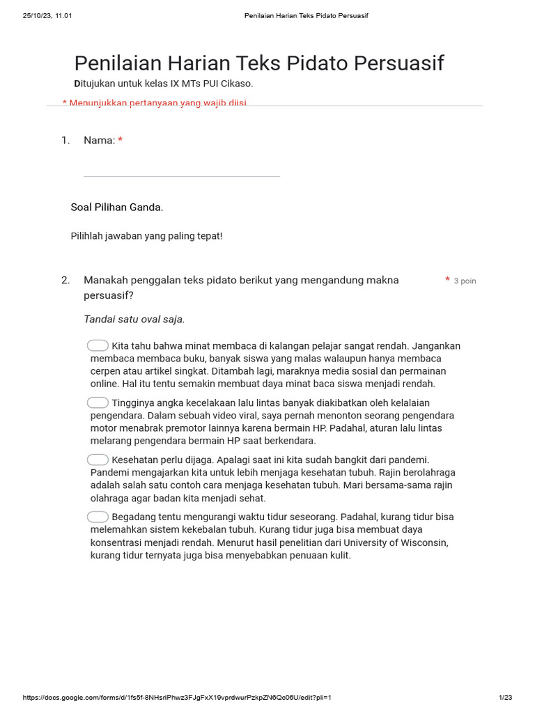 Penilaian Pidato Persuasif Kelas IX | PDF