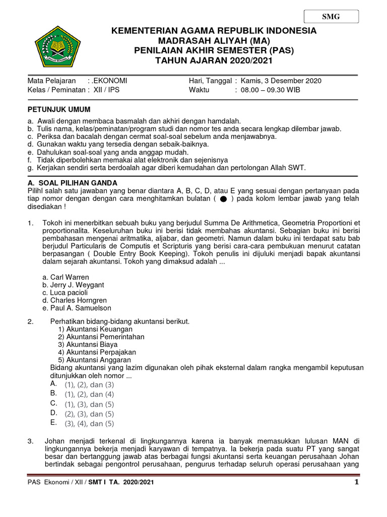 SOAL EKONOMI - PAS 2021 - MAN Demak | PDF