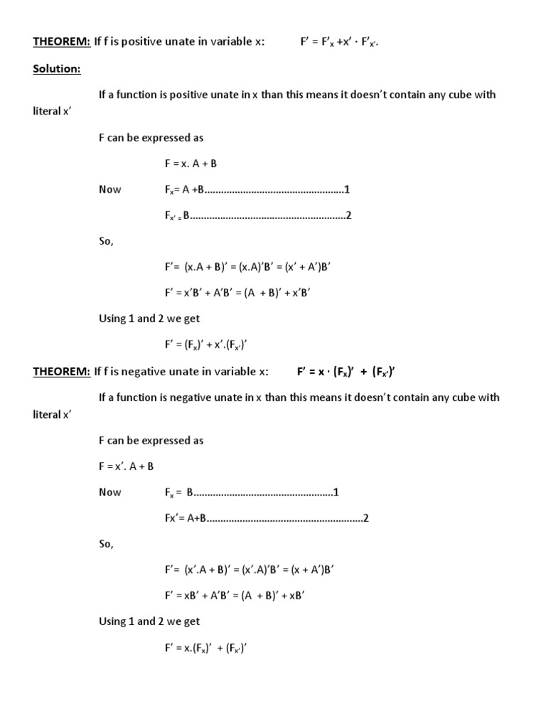 THEOREM: If F Is Positive Unate in Variable X: Solution | PDF