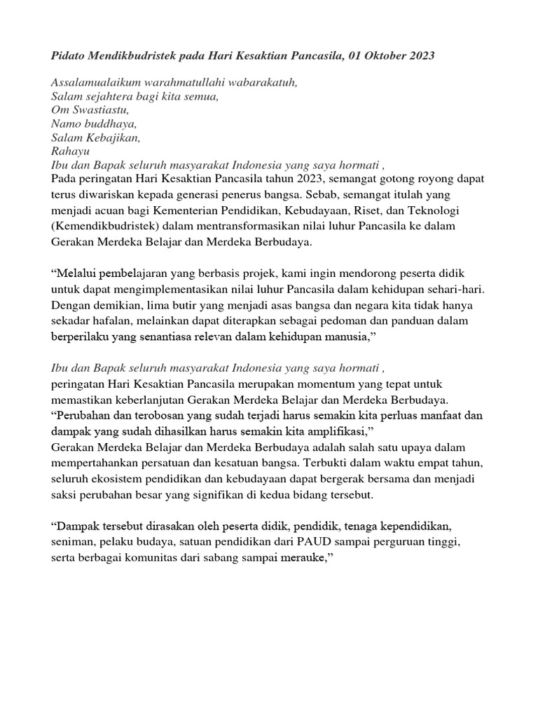 Pidato Mendikbudristek Pada Hari Kesaktian Pancasila | PDF