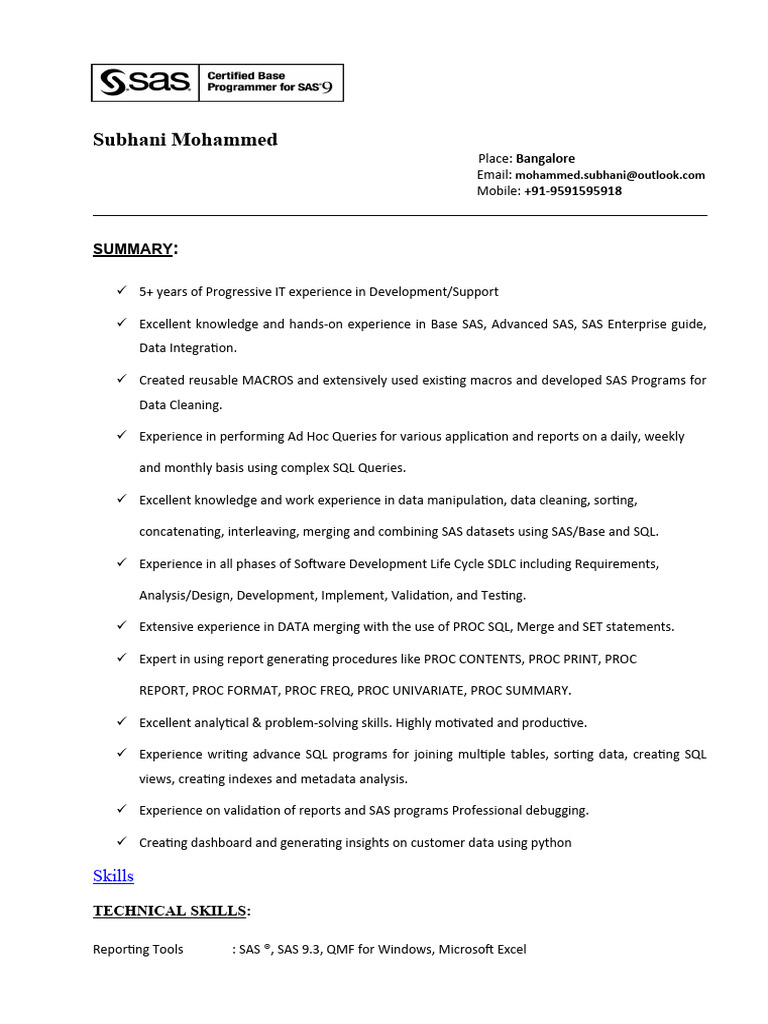 Subhani Resume Updt-1 | PDF | Sas (Software) | Ibm Db2
