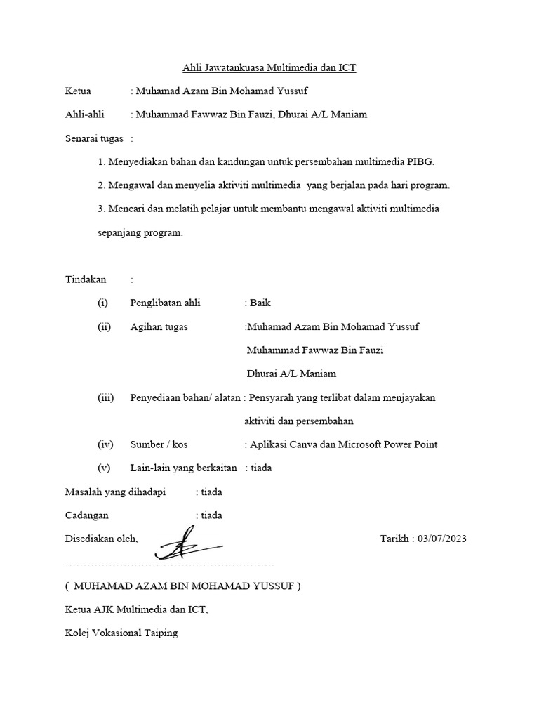 Laporan AJK Multimedia Dan ICT | PDF