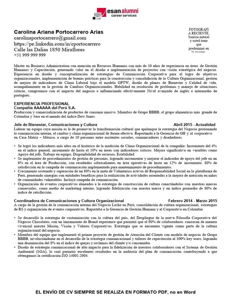 Modelo de CV ESAN ALUMNI 2021 | PDF | Gestión de recursos humanos | Máster en Administración de ...