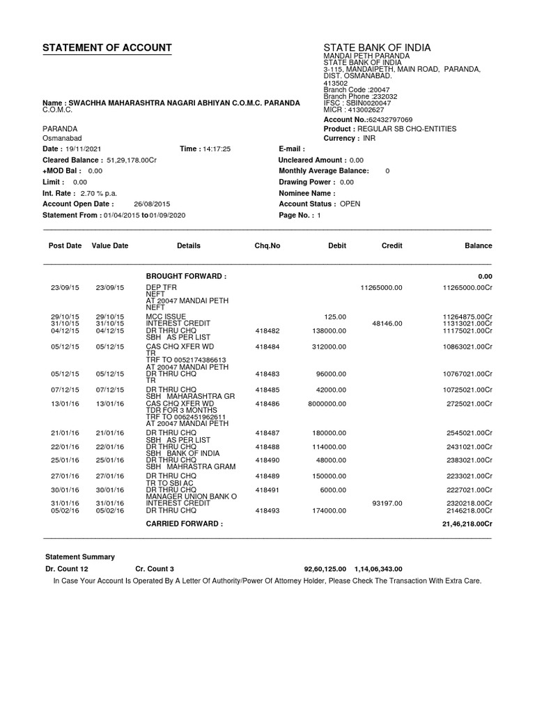 Statement of Account: State Bank of India | PDF | Cheque | Debits And ...
