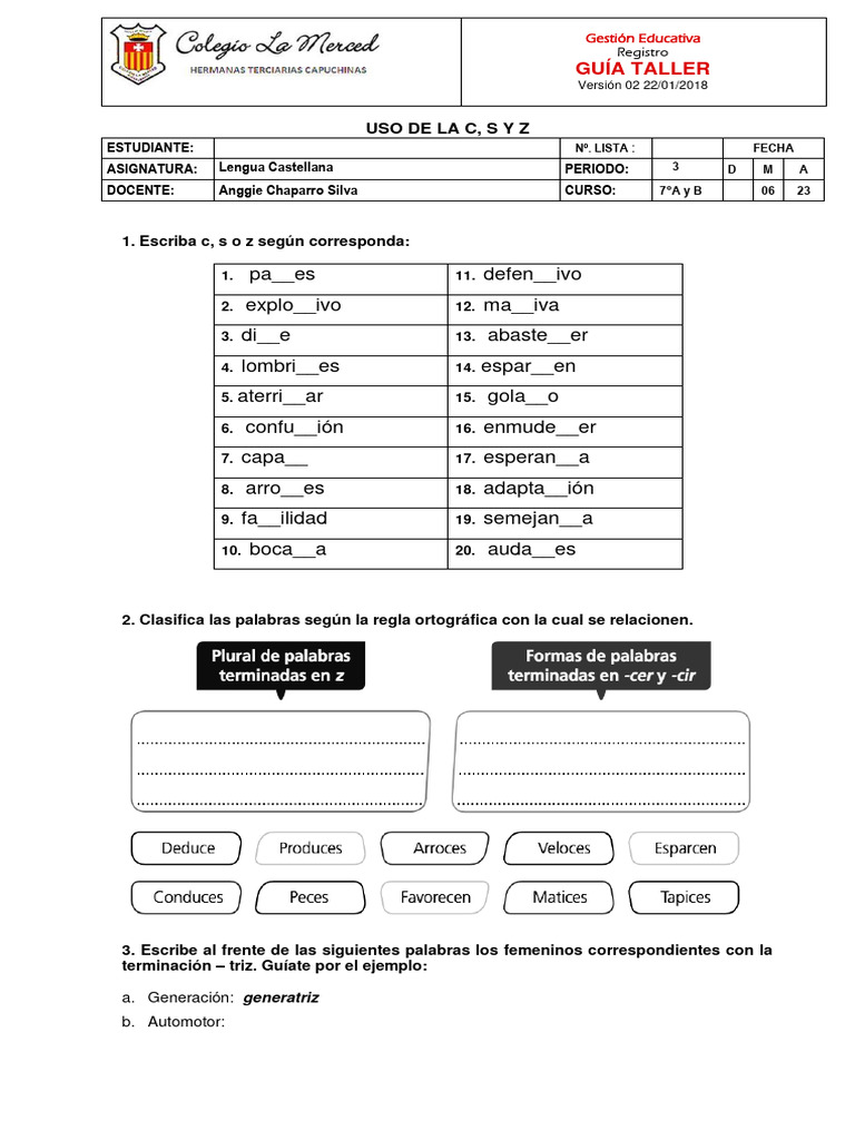 Taller Uso de C, S, Z | PDF | Lingüística | Idiomas