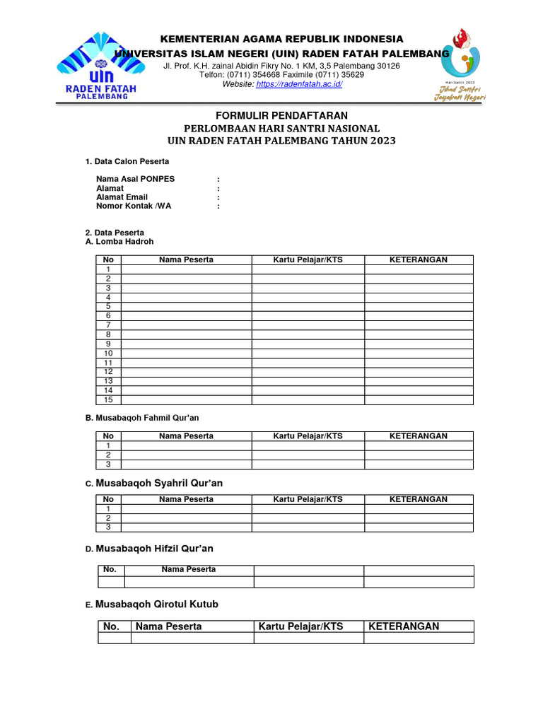 Formulir Pendaftaran Lomba Hari Santri | PDF | Kajian Bahasa Asing | Sains & Matematika