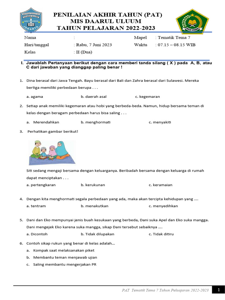 Soal Pat Tema 7 | PDF | Seni & Disiplin Bahasa