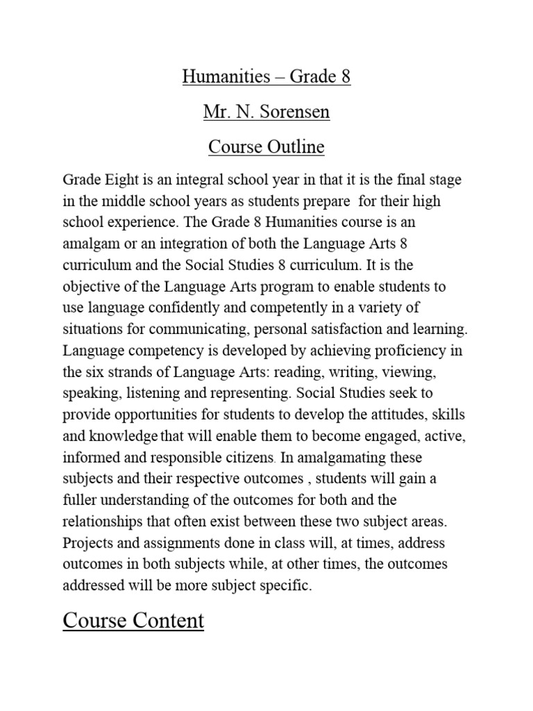 Grade 8 Humanities Course Guide | PDF | Curriculum | English Studies