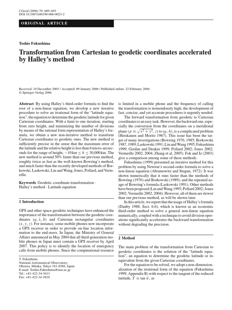 Transformation From Cartesian To Geodetic Coordinates Accelerated By Halley S Methodo Pdf