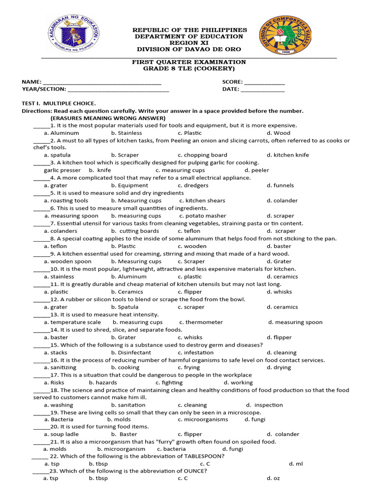 COOKERY First Periodical Exam | PDF | Kitchen Utensil | Disinfectant