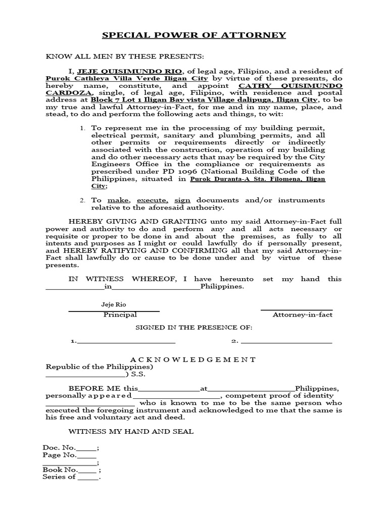 Spa Sample | PDF | Power Of Attorney | Legal Documents