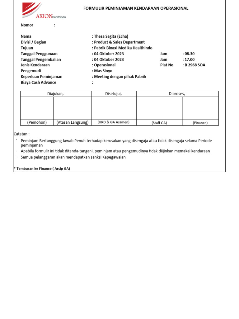 Formulir Peminjaman Kendaraan Operasional | PDF | Pengelolaan Keuangan ...
