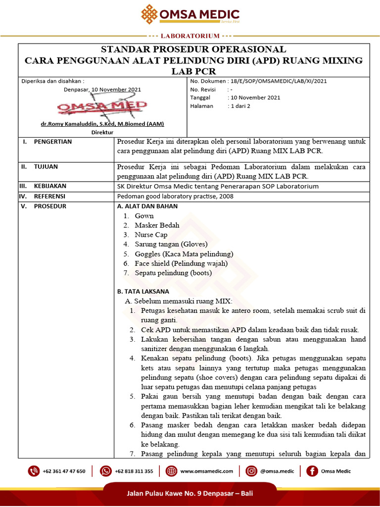 Cara Penggunaan Alat Pelindung Diri (Apd) Ruang Mixing Lab PCR | PDF