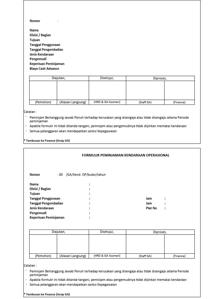 Formulir Peminjaman Kendaraan Operasional | PDF