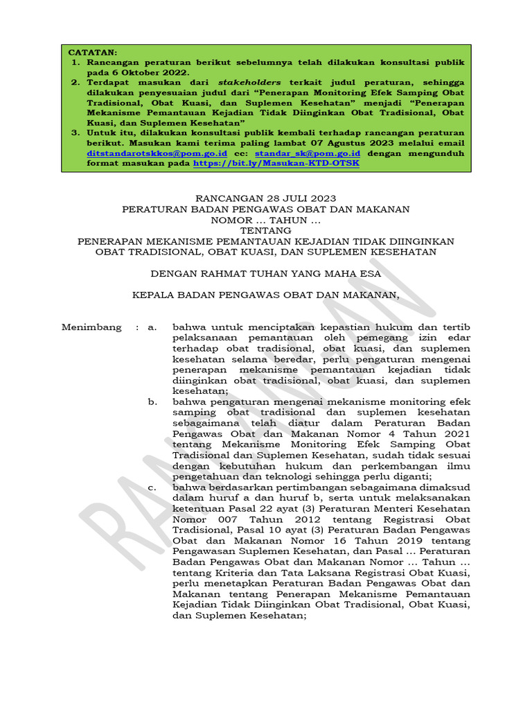 Rancangan PerBPOM Penerapan Mekanisme Pemantauan KTD OTOKSK | PDF