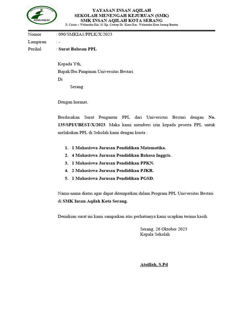 Contoh Surat Balasan PPL | PDF