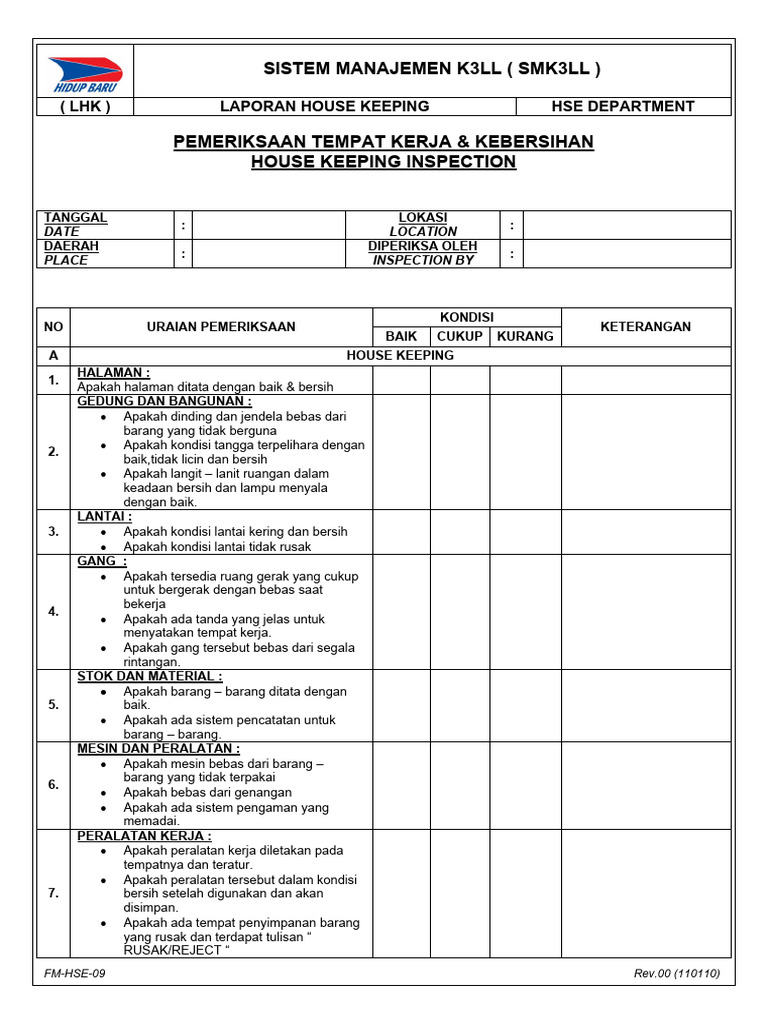 Form Inspeksi Housekeeping | PDF