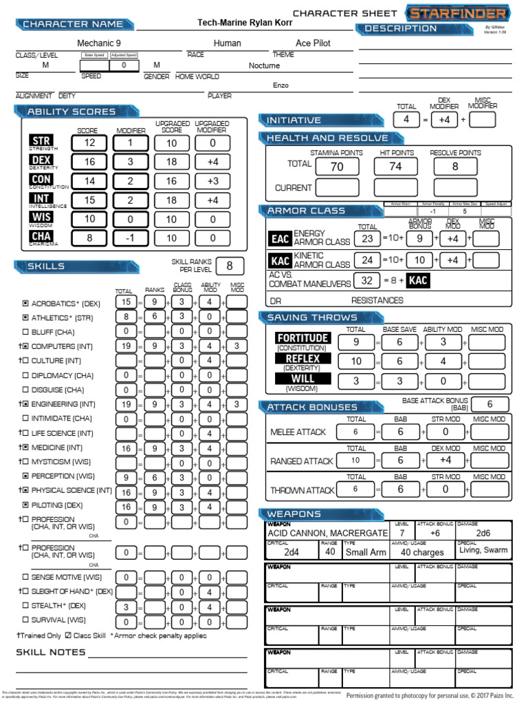 Starfinder Mechanic Character Sheet | PDF