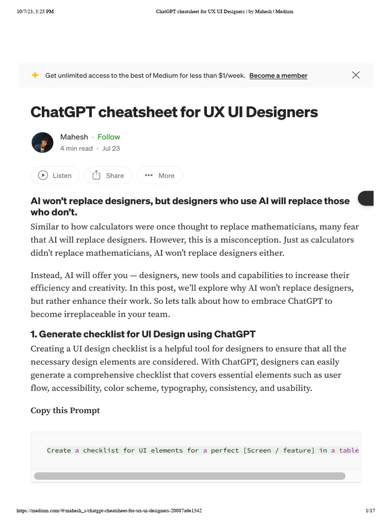 ChatGPT Cheatsheet For UX UI Designers - by Mahesh - Medium | PDF ... ChatGPT Cheatsheet For UX UI Designers - by Mahesh - Medium | PDF ...