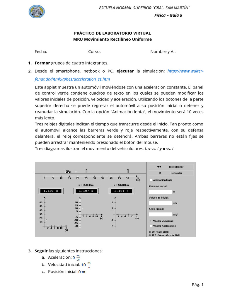 ENSGSM 4to LabVirtual MRU | PDF | Velocidad | Aceleración