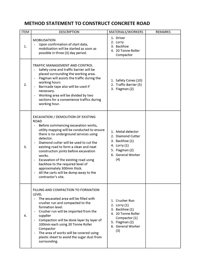 Method Statement To Construct Concrete Road | PDF | Concrete | Road