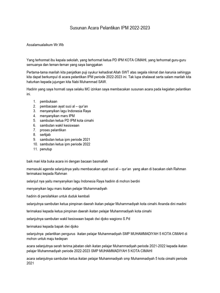 Susunan Acara Pelantikan IPM 2022 | PDF