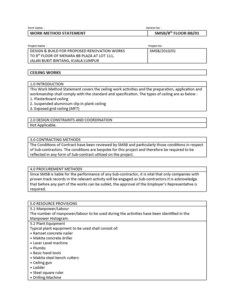 WORKS METHOD STATEMENT Ceiling Works | PDF | Ceiling | Wall
