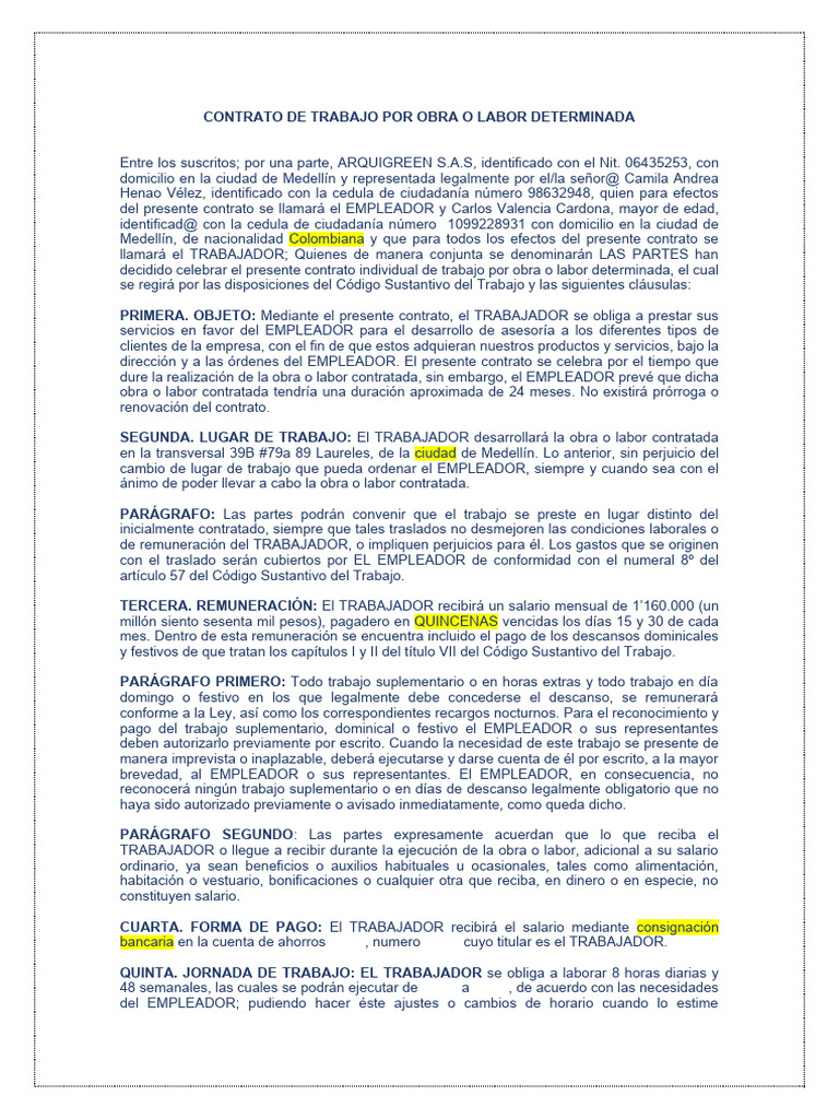 Minuta Contrato de Trabajo Por Obra o Labor Determinada | PDF | Salario | Derecho laboral