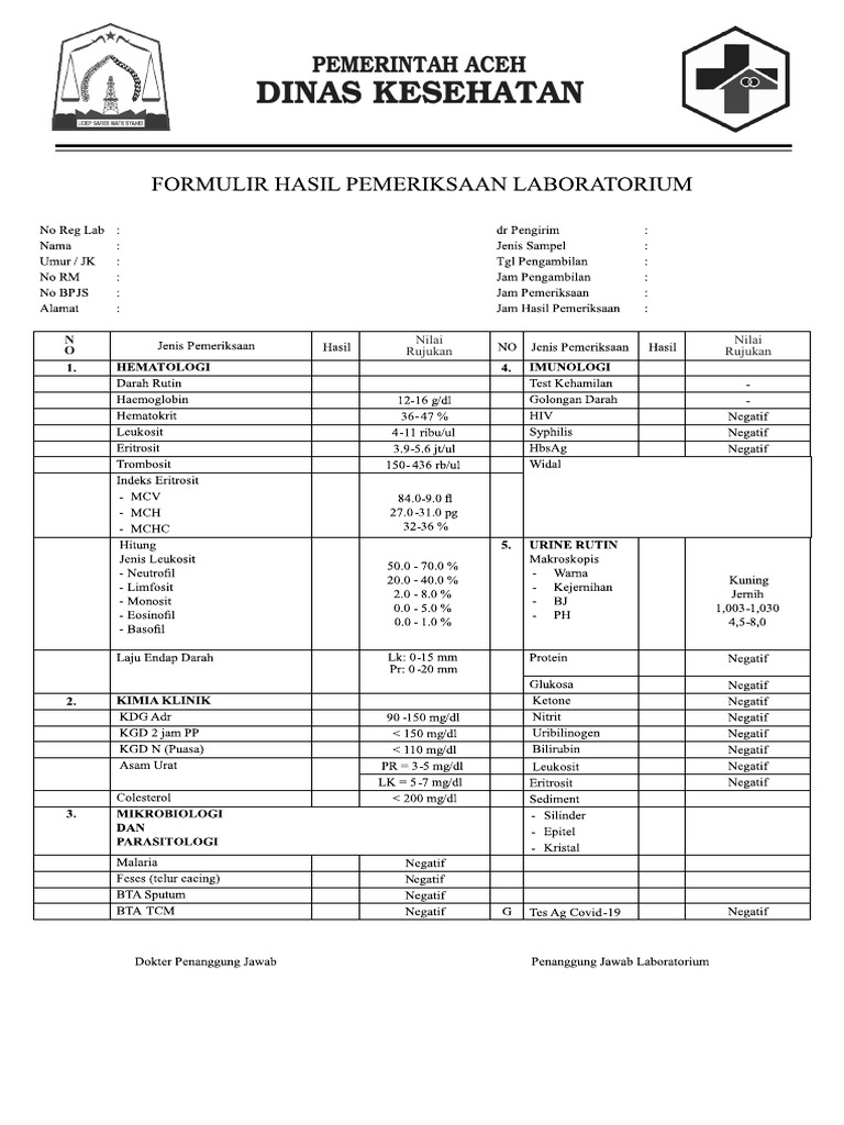 Formulir Hasil Pemeriksaan Laboratorium | PDF