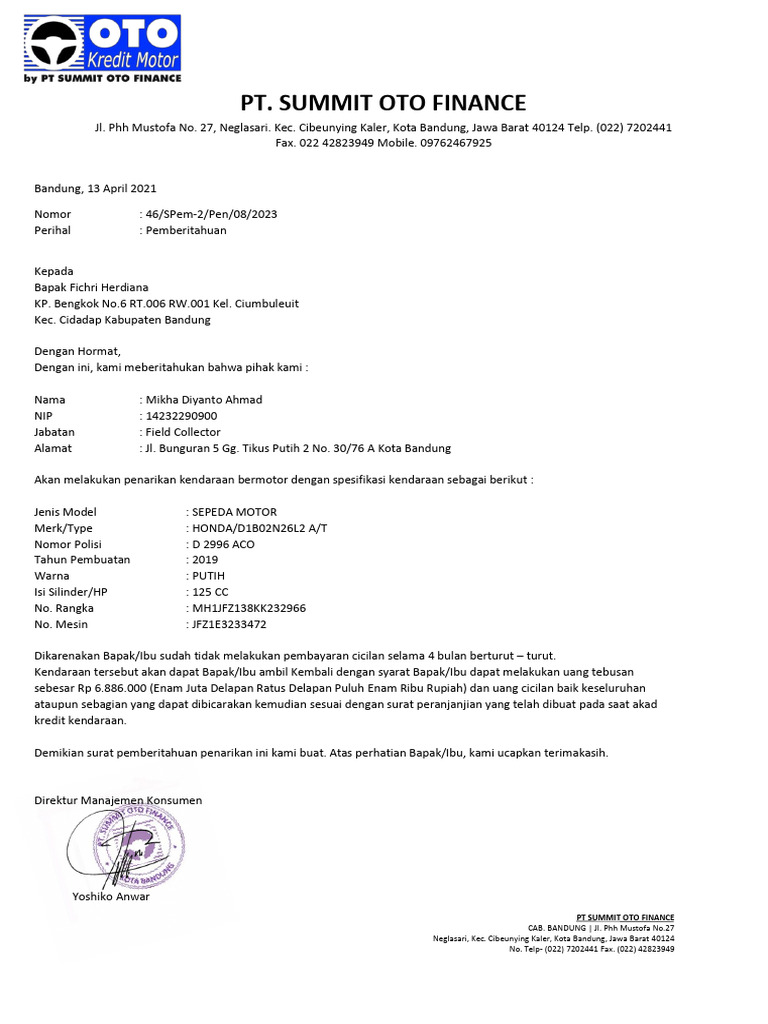 Surat Penarikan Kendaraan Fikri | PDF