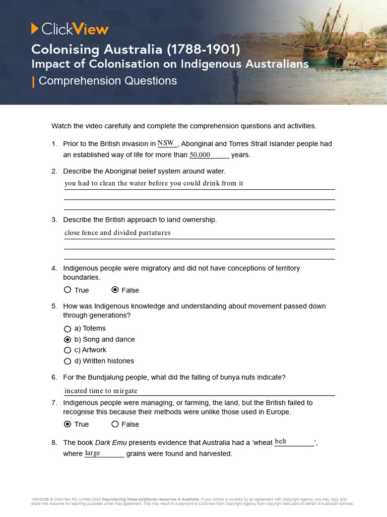 Colonising Australia EP01 Comprehension Questions | PDF | Indigenous ...