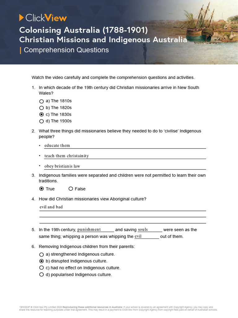 Colonising Australia EP06 Comprehension Qs | PDF | Indigenous ...