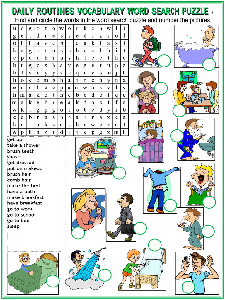 Daily Routines Vocabulary Esl Word Search Puzzle Worksheets For Kids | PDF Daily Routines Vocabulary Esl Word Search Puzzle Worksheets For Kids | PDF