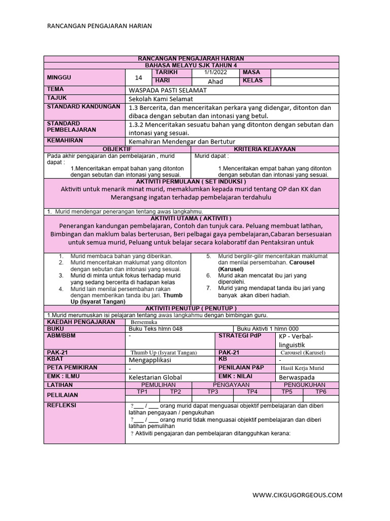 RPH Minggu 14 BM SJK THN 4 by Cikgu Gorgeous | PDF