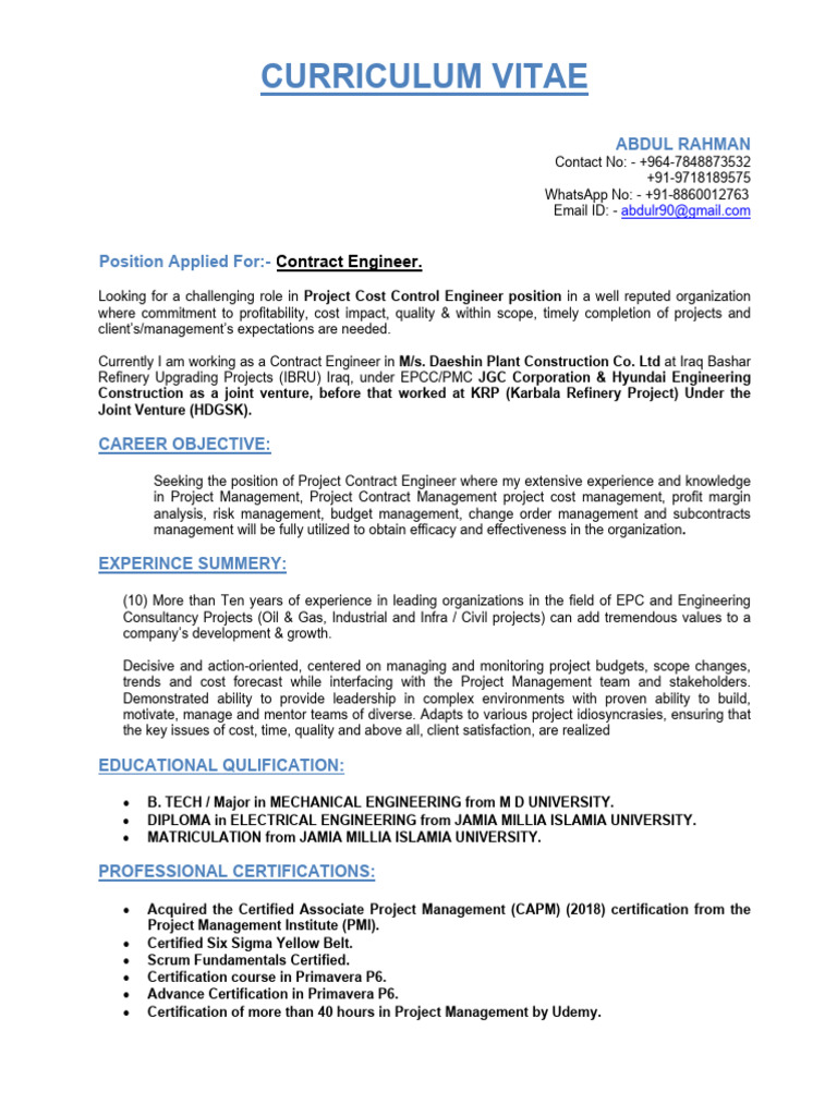 Contract Engineer CV - Daeshin Plant | PDF | Project Management ...