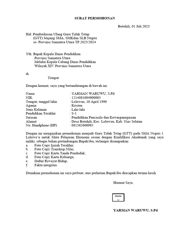 SURAT PERMOHONAN Yarman Waruwu | PDF