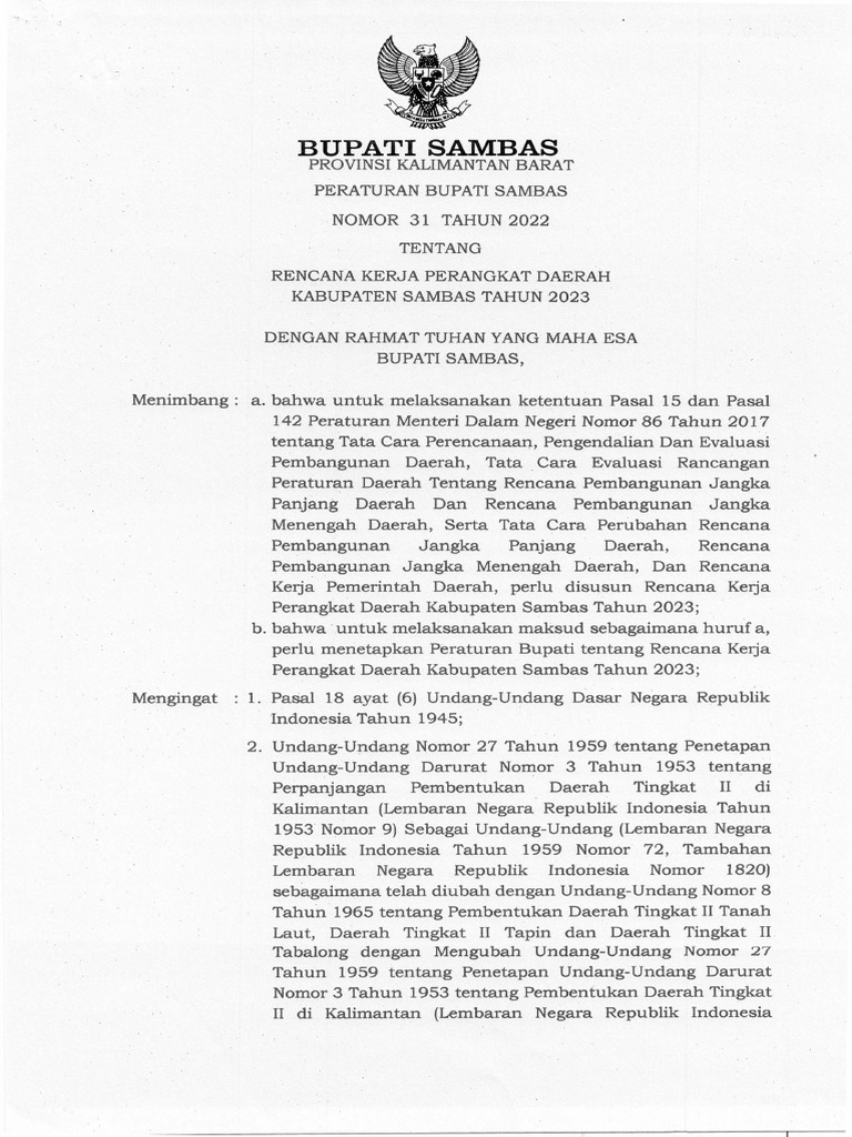 Perbup - 31 - 2022 Sambas - Rencana Kerja Perangkat Daerah Kabupaten Sambas Tahun 2023 Salinan | PDF
