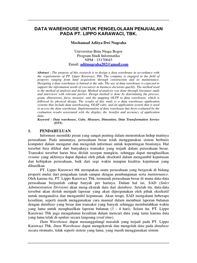 Data Warehouse Penjualan Lippo | PDF | Pengelolaan Keuangan & Uang