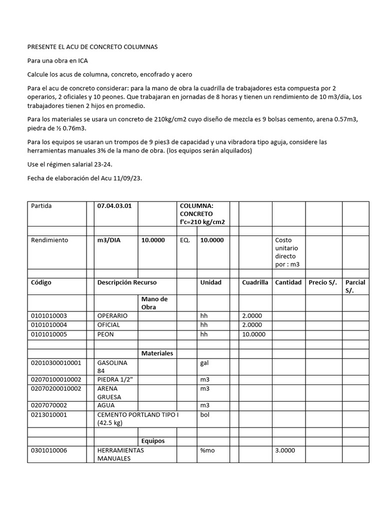 PRESENTE EL ACU DE CONCRETO COLUMNAS (Completo) | PDF | Hormigón | Material compuesto