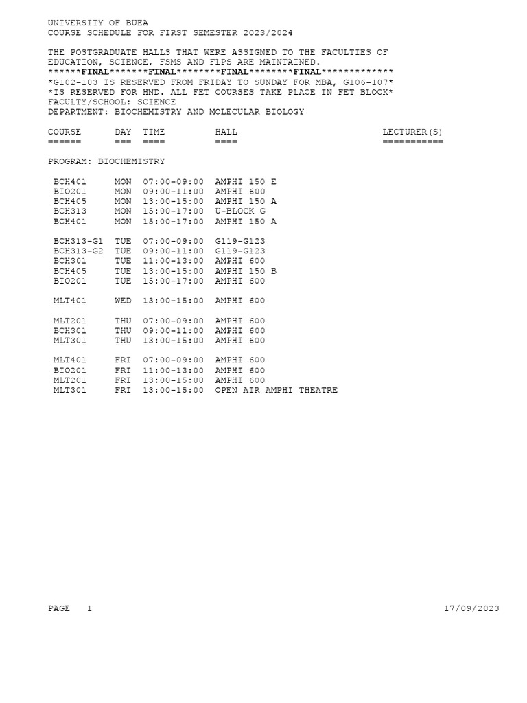 First Semester 2023 - 2024 Final Teaching Timetable | PDF | Educational Stages | Science