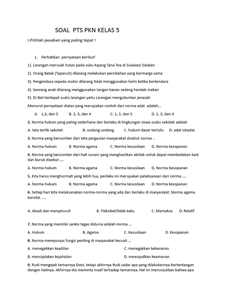 Soal PTS PKN Kelas 5 | PDF
