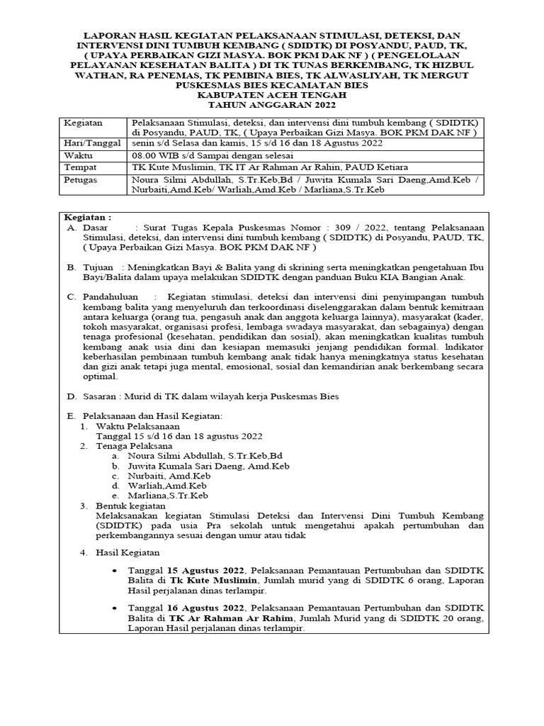 Laporan SDIDTK di TK dan PAUD | PDF
