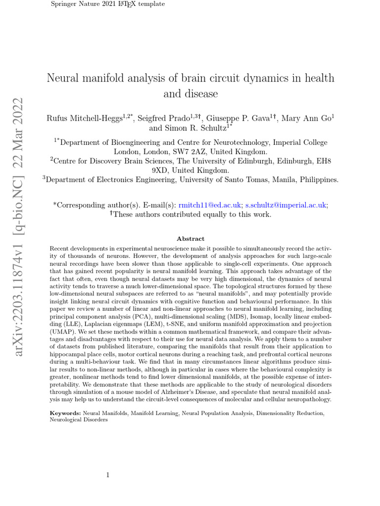 Neural Manifold Analysis of Brain Circuit Dynamics | PDF | Principal ...