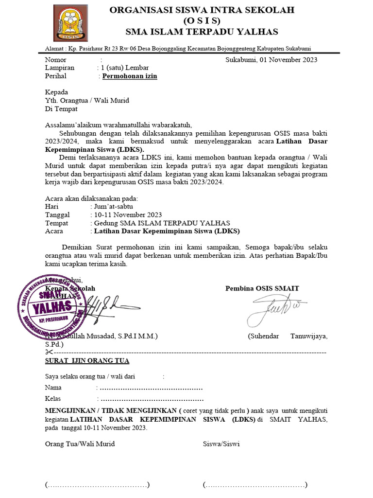 Surat - Izin - Orangtua - Untuk - Acara - LDKS 2023 | PDF