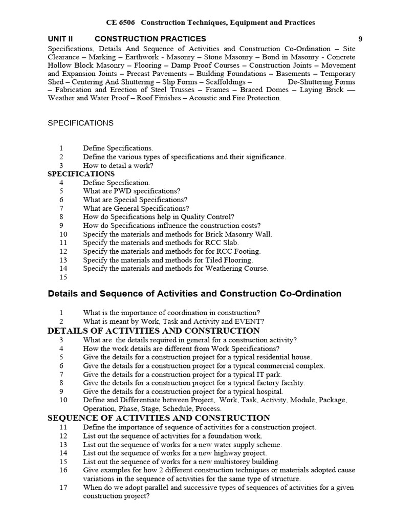 Unit 2 QB Construction Practices | PDF | Masonry | Deep Foundation
