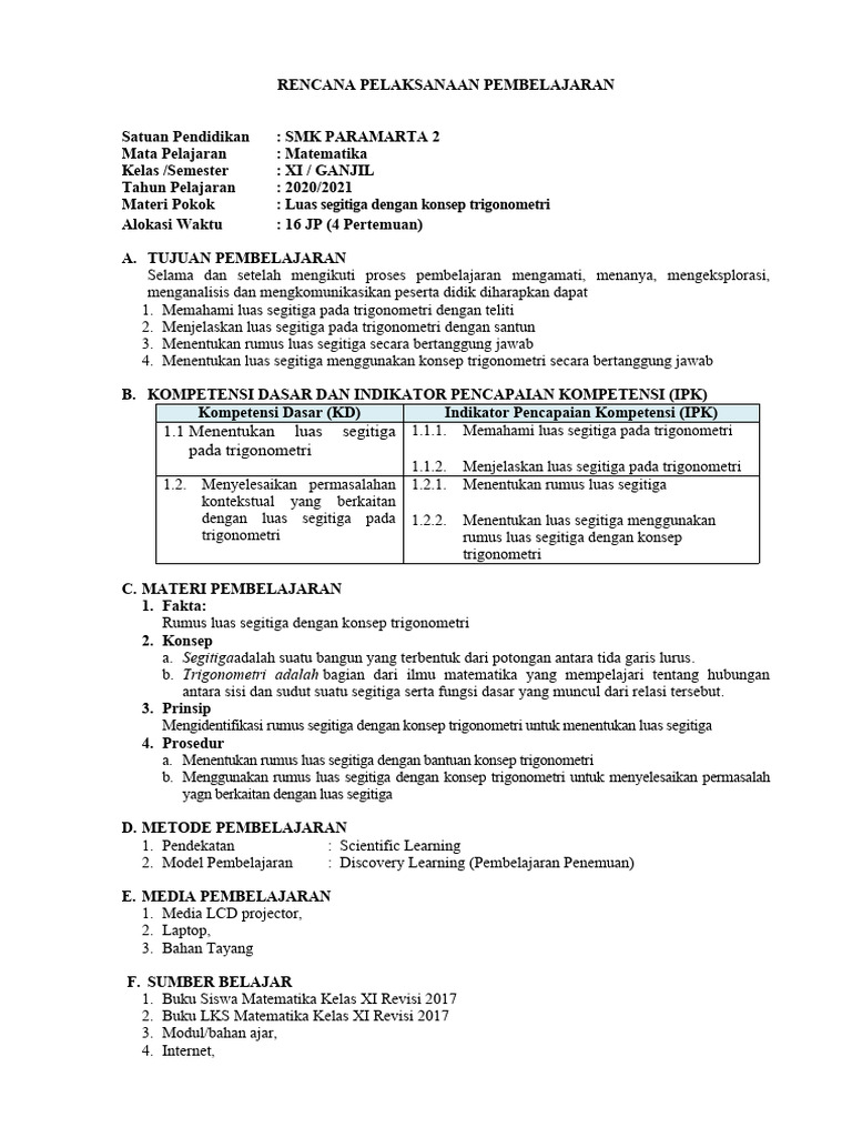 RPP Luas Segitiga Dengan Konsep Trigono Metri | PDF | Karier & Perkembangan