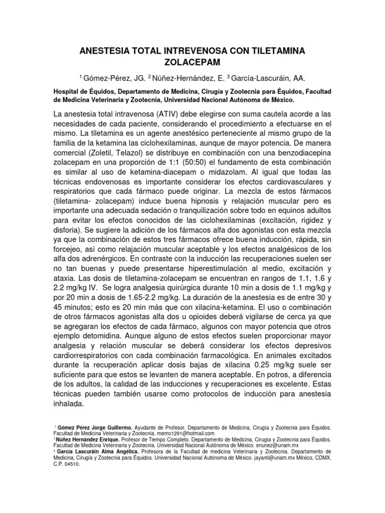 Anestesia total intravenosa con Tiletamina Zolacepam J. Guillermo Gómez ...